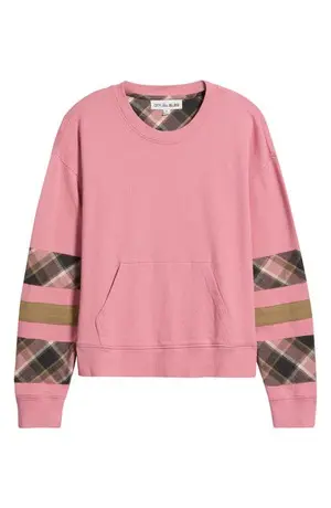 CITY BLUES Plaid Sleeve Crewneck Sweatshirt - Orchid