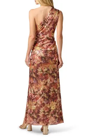 Adrianna Papell Metallic Floral One-shoulder Chiffon Gown