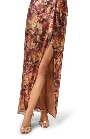 Adrianna Papell Metallic Floral One-shoulder Chiffon Gown