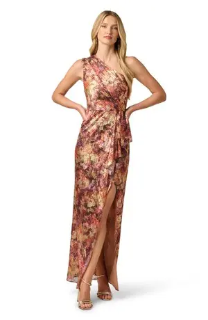 Adrianna Papell Metallic Floral One-shoulder Chiffon Gown