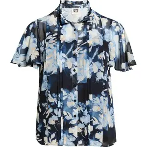 Anne Klein Pleated Flutter Sleeve Shirt - Dutch Blue Multi