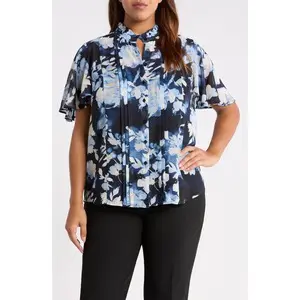 Anne Klein Pleated Flutter Sleeve Shirt - Dutch Blue Multi