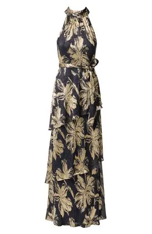 Adrianna Papell Floral Metallic Plissé Gown