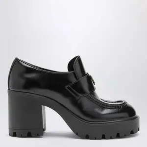 Prada Brushed Leather Heeled Loafers With Enamelled Triangle Logo - Black