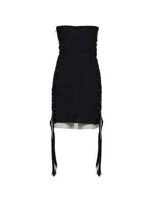Attico Black Tulle Bustier Mini Dress With Fringe Tapes