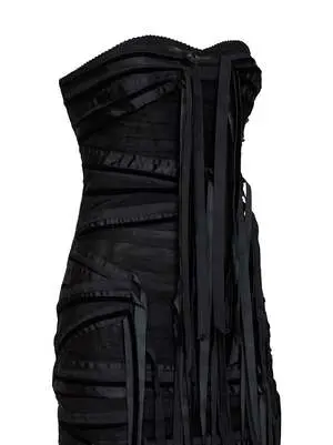 Attico Black Tulle Bustier Mini Dress With Fringe Tapes