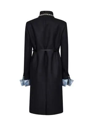 Prada Abbigliamento Blue Virgin Wool Embroidered Belted Coat