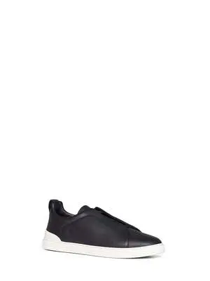 Zegna Navy Blue Grained Leather Triple Stitch Sneakers