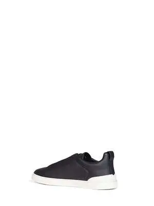 Zegna Navy Blue Grained Leather Triple Stitch Sneakers
