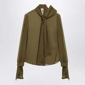 Saint Laurent Lavalliã¨re Blouse In Bronze Silk - Green