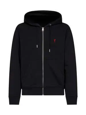 AMI Paris Black Cotton De Cœur Zip-up Hoodie - Multicolor