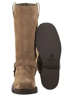 Brunello Cucinelli Suede Boots With Harness Strap And Ring Detail