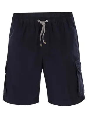 Brunello Cucinelli Bermuda Shorts In Garment-dyed Cotton Gabardine With Drawstring And Double Darts - Blue