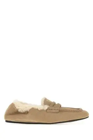 Miu Miu Beige Suede And Shearling Loafers - Brown