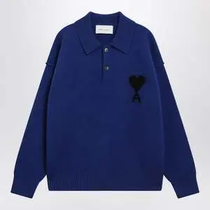 AMI Paris Electric De Coeur Polo Sweater In Wool - Blue