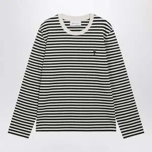 AMI Paris Striped Cotton Sweater With Embroidered Logo - Black