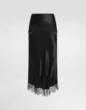 Dolce & Gabbana Silk Satin Lace Trim Skirt - Black