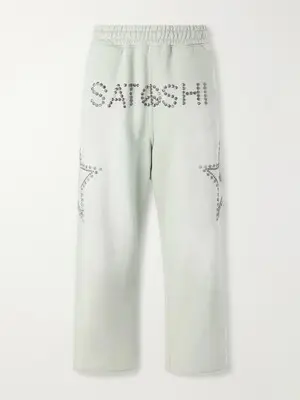 SATOSHI NAKAMOTO Wide-leg Studded Cotton-jersey Sweatpants - Green