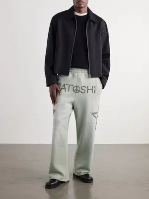 SATOSHI NAKAMOTO Wide-leg Studded Cotton-jersey Sweatpants - Green