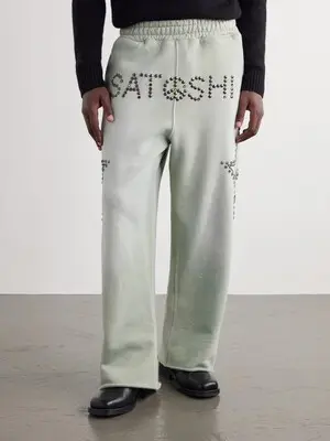 SATOSHI NAKAMOTO Wide-leg Studded Cotton-jersey Sweatpants - Green