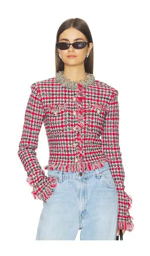SELF-PORTRAIT Check Frayed Knit Jacket