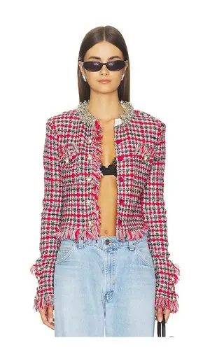 SELF-PORTRAIT Check Frayed Knit Jacket