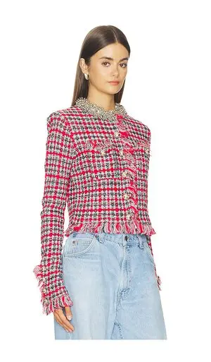 SELF-PORTRAIT Check Frayed Knit Jacket