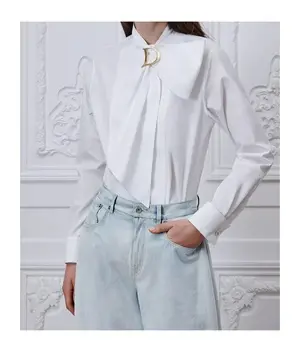 Dior Long-sleeved Shirt With Tie Collar And Gold Metal 'd' Emblem