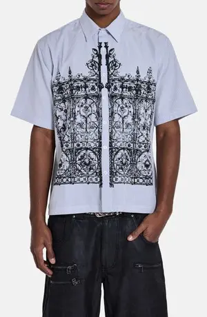 JADED LONDON Overprinted Pinstripe Short Sleeve Graphic Button-up Shirt - Grey