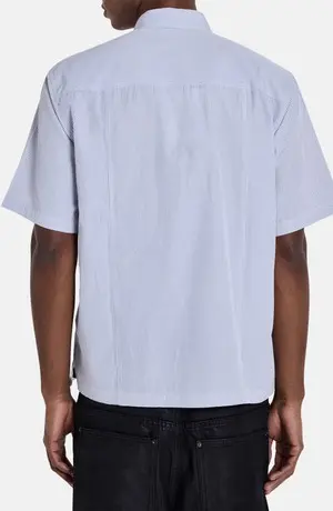 JADED LONDON Overprinted Pinstripe Short Sleeve Graphic Button-up Shirt