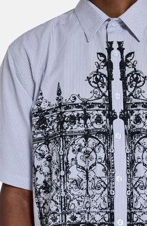 JADED LONDON Overprinted Pinstripe Short Sleeve Graphic Button-up Shirt