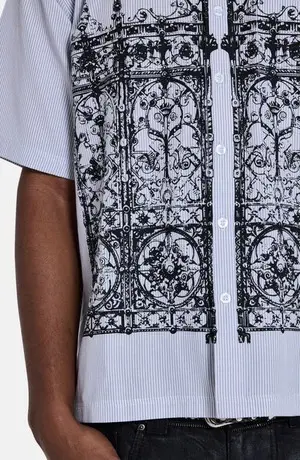 JADED LONDON Overprinted Pinstripe Short Sleeve Graphic Button-up Shirt