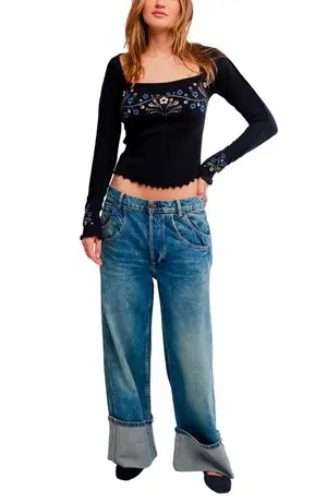 Free People Olivia Embroidered Long Sleeve Tee - Black Combo