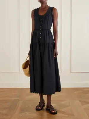 DÔEN Hortense Pintucked Embroidered Organic Cotton Midi Dress - Black