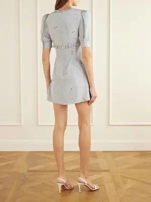 Alessandra Rich Floral-print Ruffle-trim Silk-crepe Mini Dress - Gray