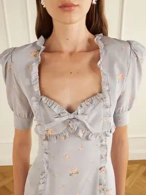 Alessandra Rich Floral-print Ruffle-trim Silk-crepe Mini Dress - Gray