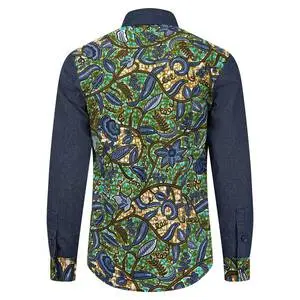OHEMA OHENE Denim & African Print Cotton Shirt Floral - Blue
