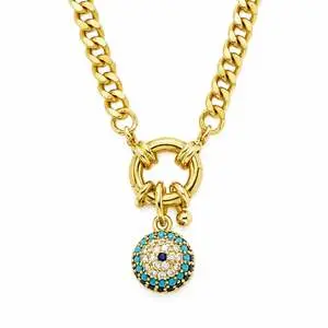 BY OZGE Gold / Blue / White Celestial Evil Eye Cuban Chain Toggle Gold Plated Necklace Gold - Gold/blue/white