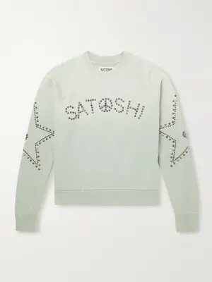 SATOSHI NAKAMOTO Distressed Studded Cotton-jersey Sweatshirt
