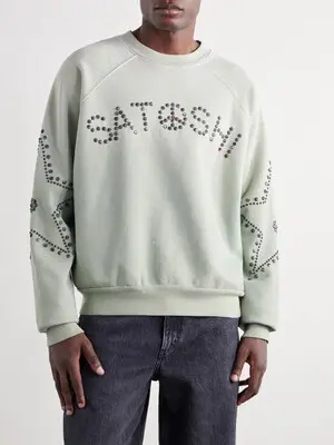 SATOSHI NAKAMOTO Distressed Studded Cotton-jersey Sweatshirt