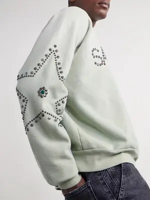 SATOSHI NAKAMOTO Distressed Studded Cotton-jersey Sweatshirt