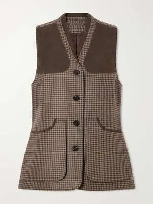Purdey Suede-trimmed Checked Wool And Cashmere-blend Tweed Vest - Dark Brown