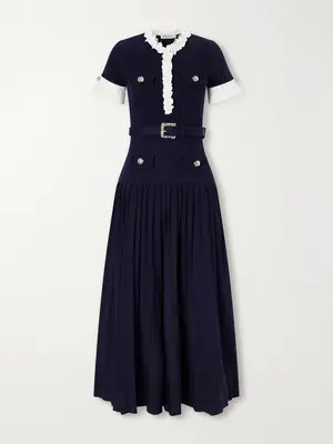 SELF-PORTRAIT Ribbed Midi Dress With Floral Appliqué And Belt