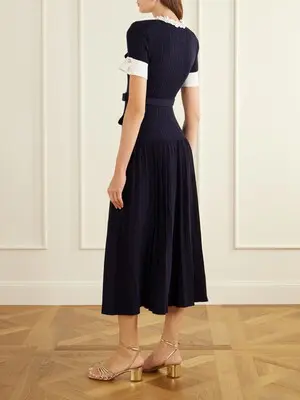 SELF-PORTRAIT Ribbed Midi Dress With Floral Appliqué And Belt