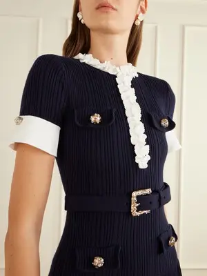 SELF-PORTRAIT Ribbed Midi Dress With Floral Appliqué And Belt