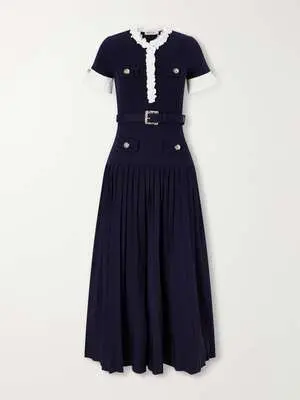 SELF-PORTRAIT Belted Floral-appliquéd Ribbed Midi Dress