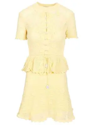 SELF-PORTRAIT Crochet Mini Dress With Floral Motifs And Peplum Waist - Yellow