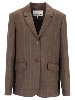 GANNI Pinstriped Wool Blazer - Brown