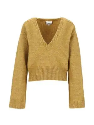 GANNI Melange Mohair Deep V-neck Sweater