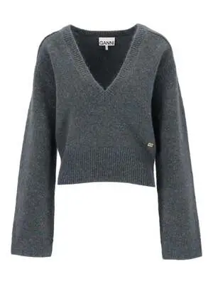GANNI Melange Mohair Deep V-neck Sweater - Blue